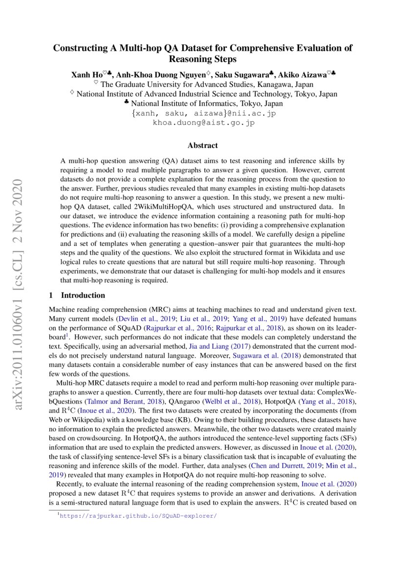 Constructing A Multi Hop Qa Dataset For Comprehensive Evaluation Of Reasoning Steps Deepai