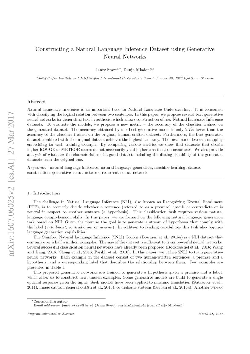 Constructing A Natural Language Inference Dataset Using Generative Neural Networks Deepai