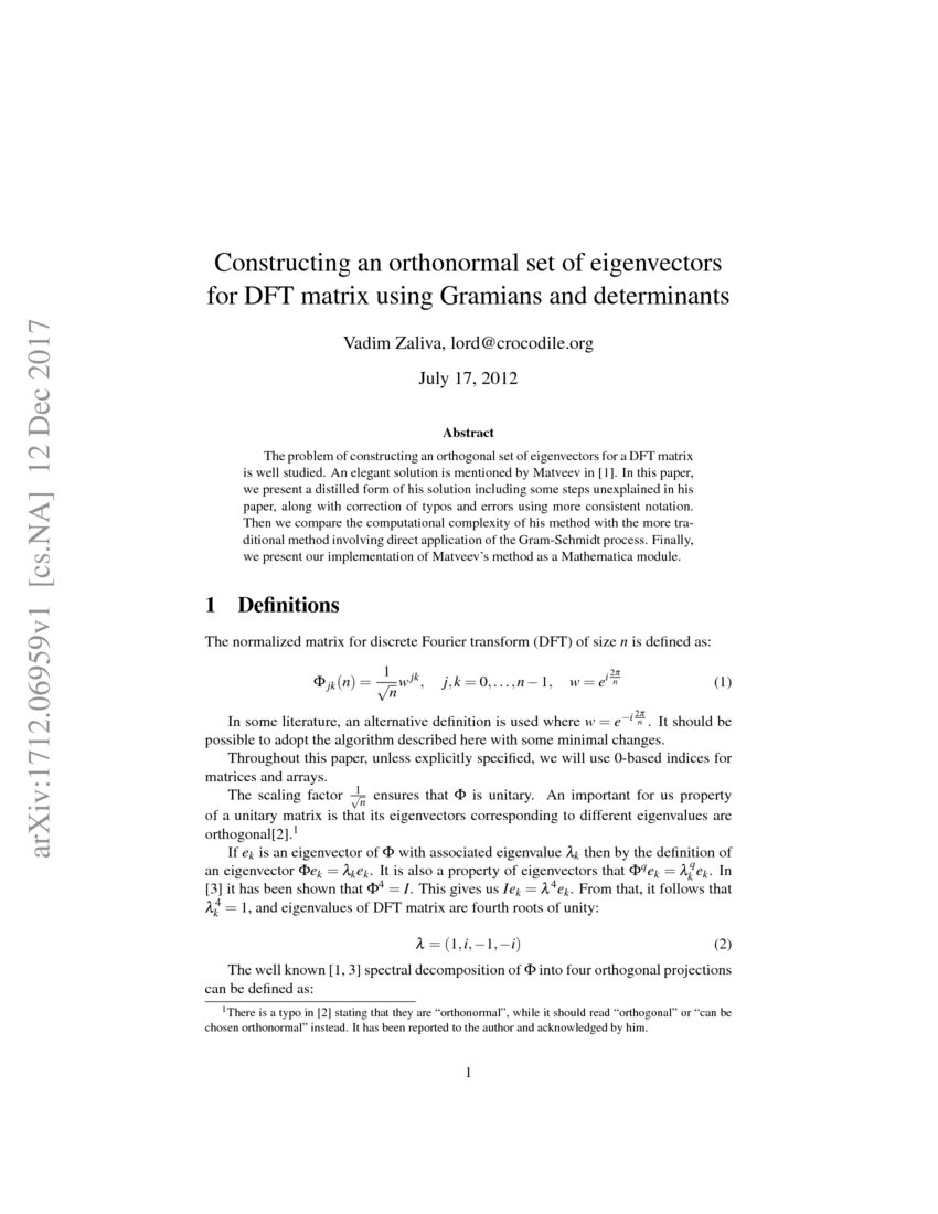 Constructing an orthonormal set of eigenvectors for DFT matrix using Gramians and determinants ...
