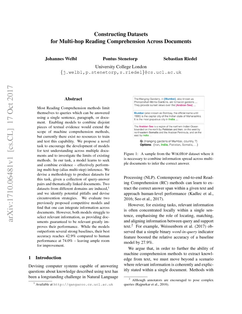 Constructing Datasets for Multi-hop Reading Comprehension Across Documents | DeepAI