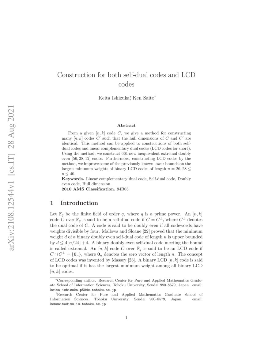Construction for both self-dual codes and LCD codes | DeepAI