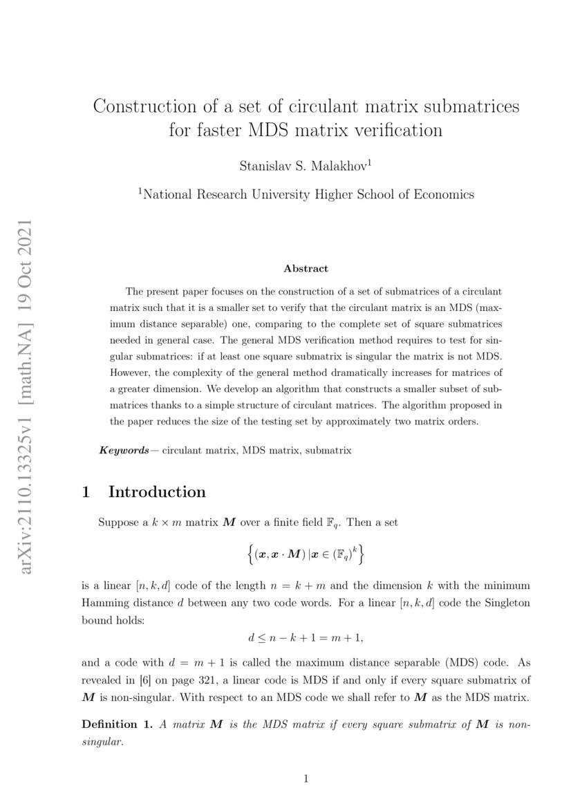 Construction of a set of circulant matrix submatrices for faster MDS matrix verification | DeepAI