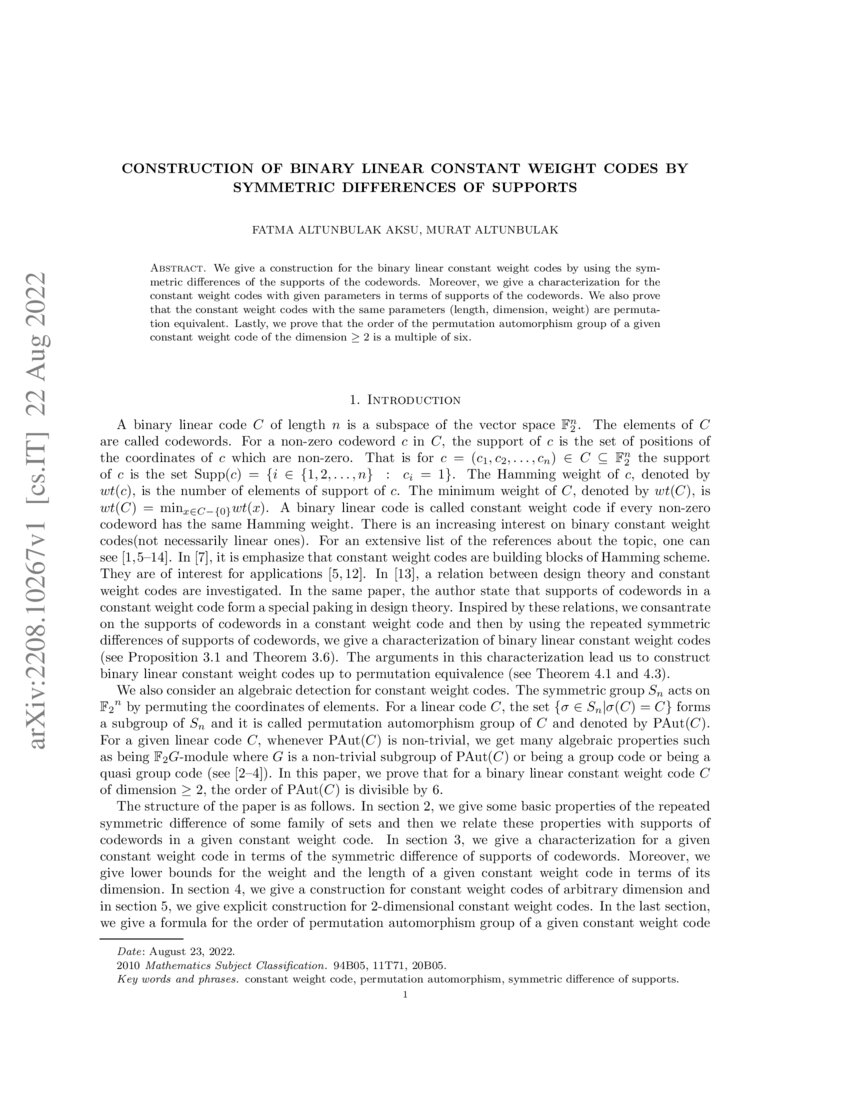 Construction Of Binary Linear Constant Weight Codes By Symmetric Differences Of Supports Deepai