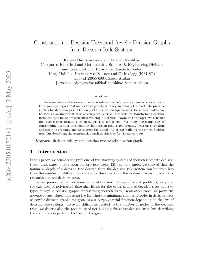 Construction of Decision Trees and Acyclic Decision Graphs from Decision Rule Systems | DeepAI