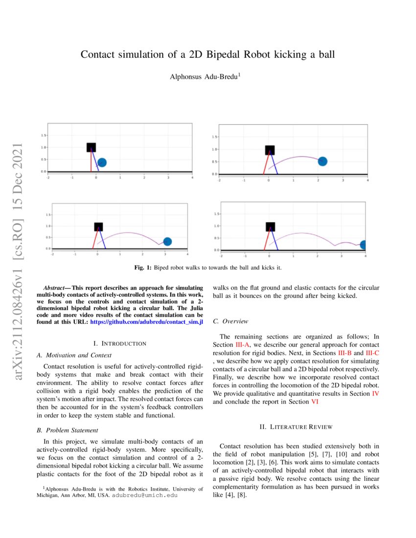 Contact simulation of a 2D Bipedal Robot kicking a ball | DeepAI
