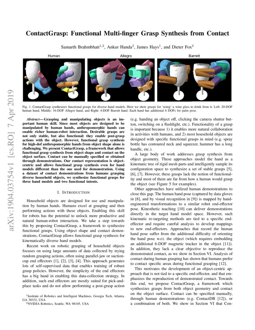 ContactGrasp: Functional Multi-finger Grasp Synthesis from Contact | DeepAI