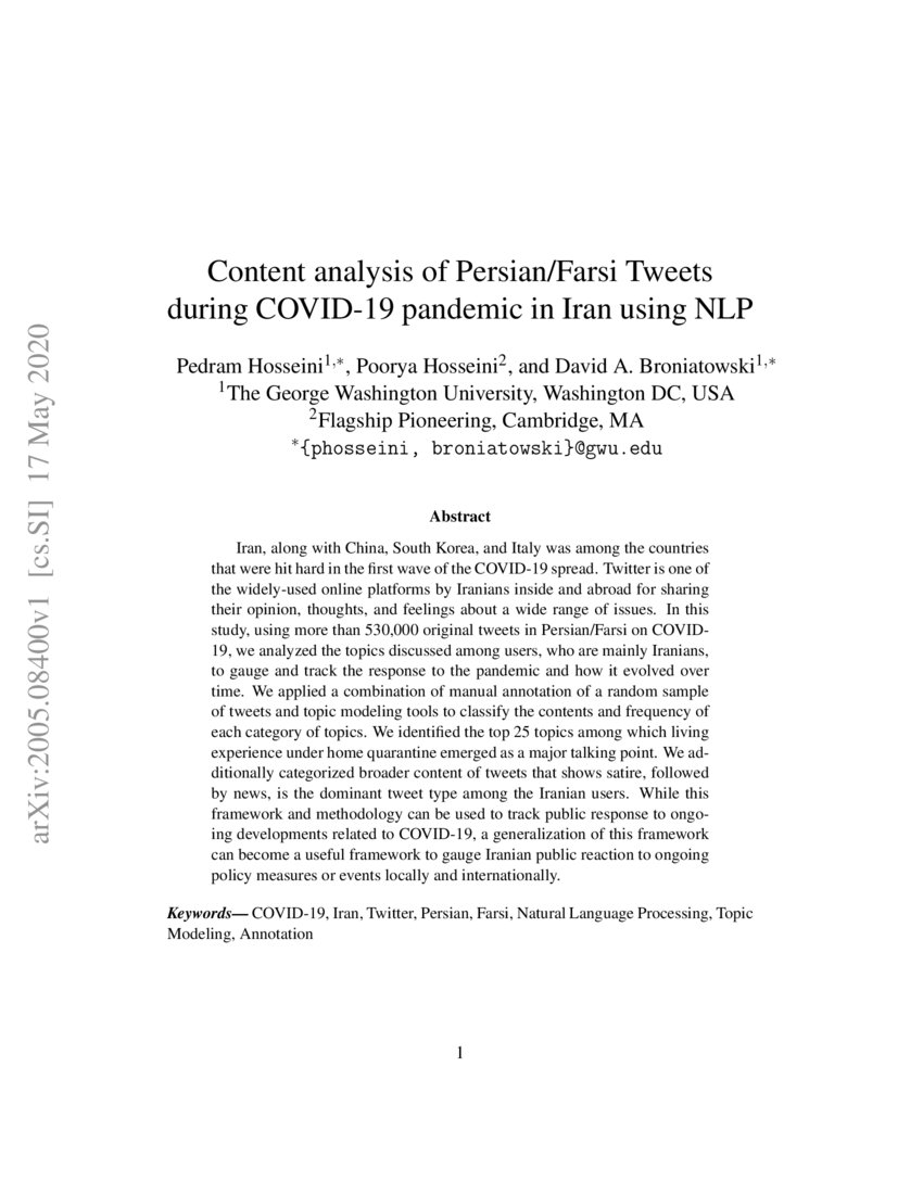 Content analysis of Persian/Farsi Tweets during COVID-19 pandemic in Iran using NLP | DeepAI