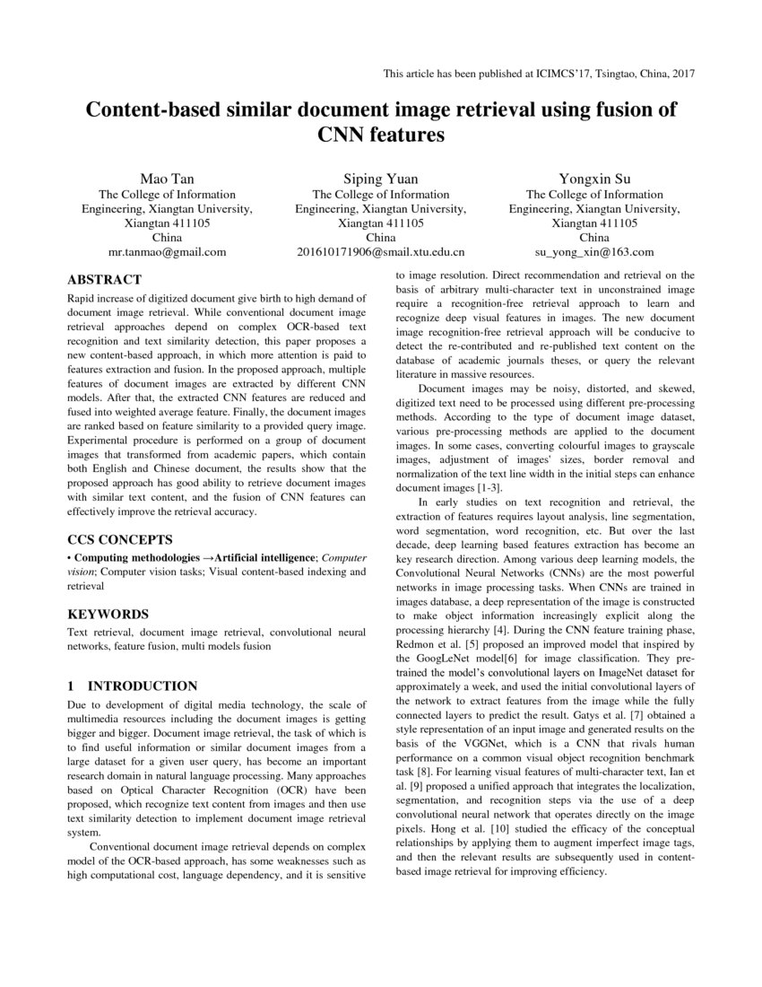 Content-based similar document image retrieval using fusion of CNN ...