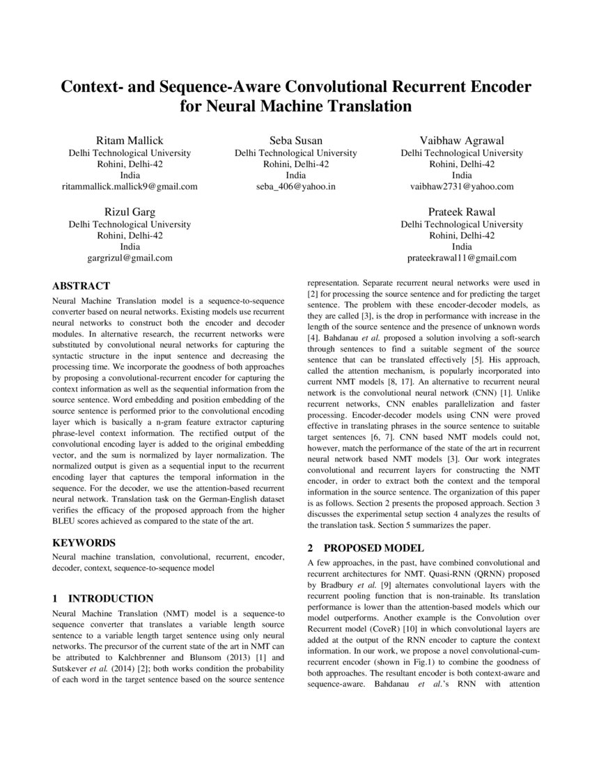 Context And Sequence Aware Convolutional Recurrent Encoder For Neural Machine Translation Deepai