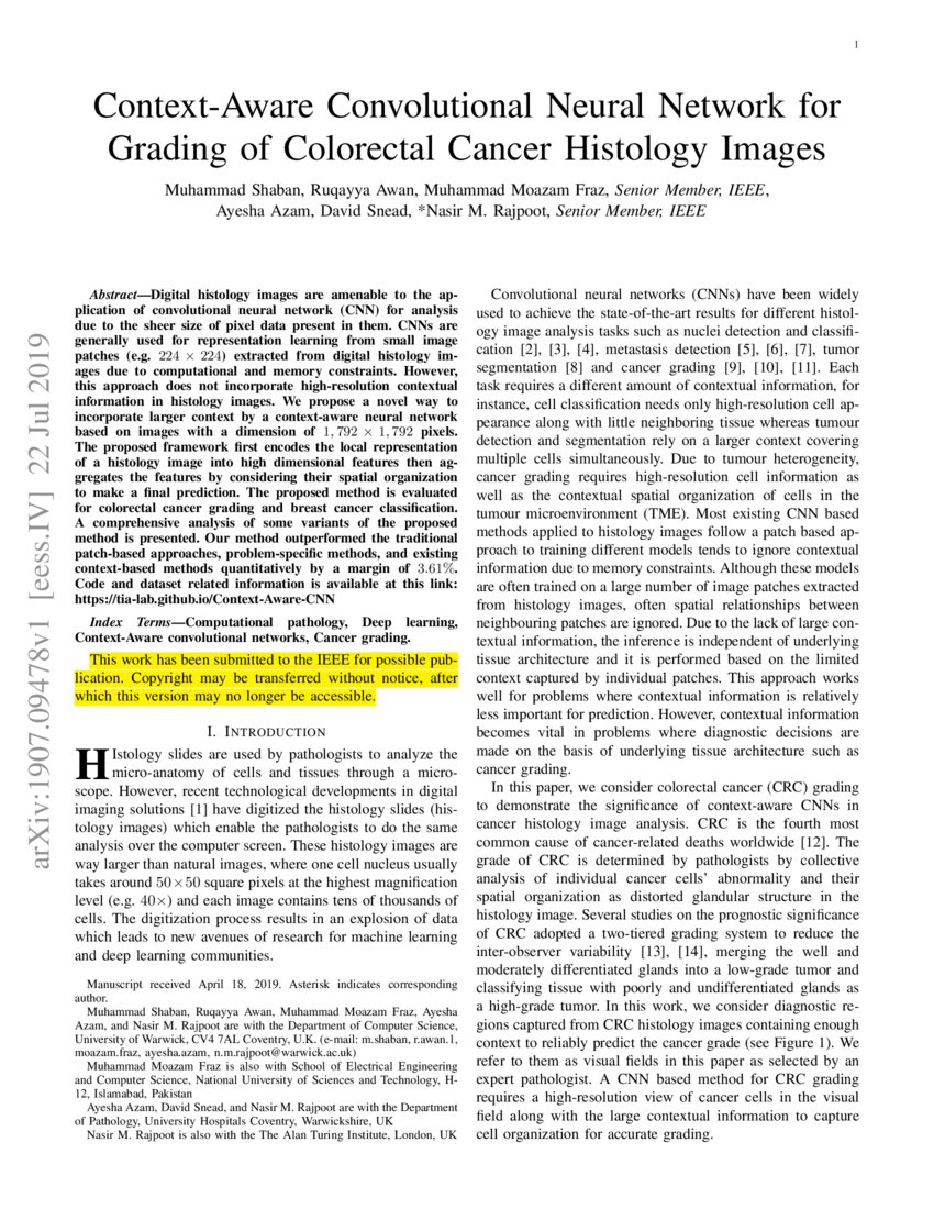 Context Aware Convolutional Neural Network For Grading Of Colorectal