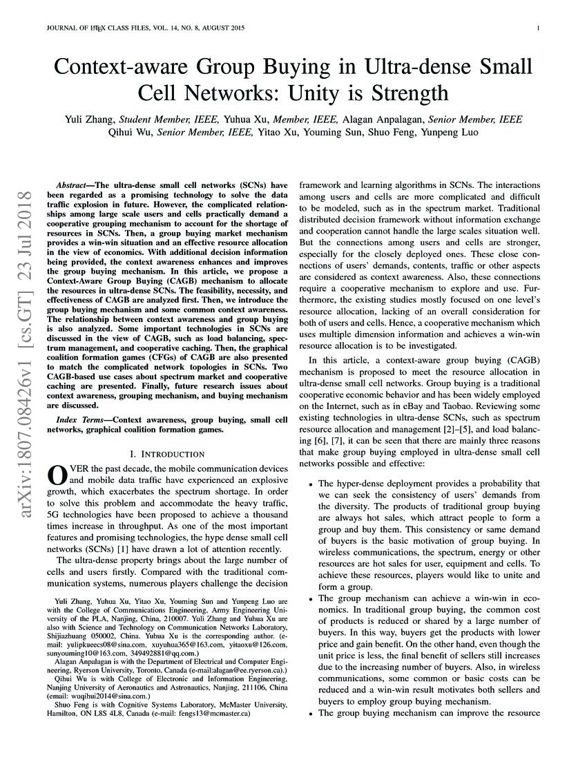 Context Aware Group Buying In Ultra Dense Small Cell Networks Unity Is Strength Deepai 