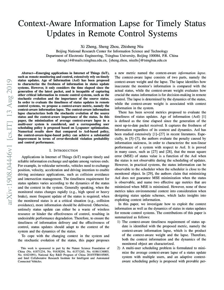 Context Aware Information Lapse For Timely Status Updates In Remote Control Systems Deepai