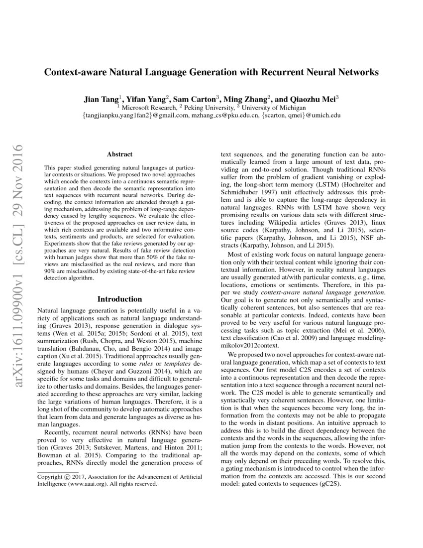 Context Aware Natural Language Generation With Recurrent Neural Networks Deepai