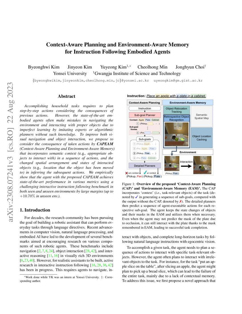 Context Aware Planning And Environment Aware Memory For Instruction Following Embodied Agents