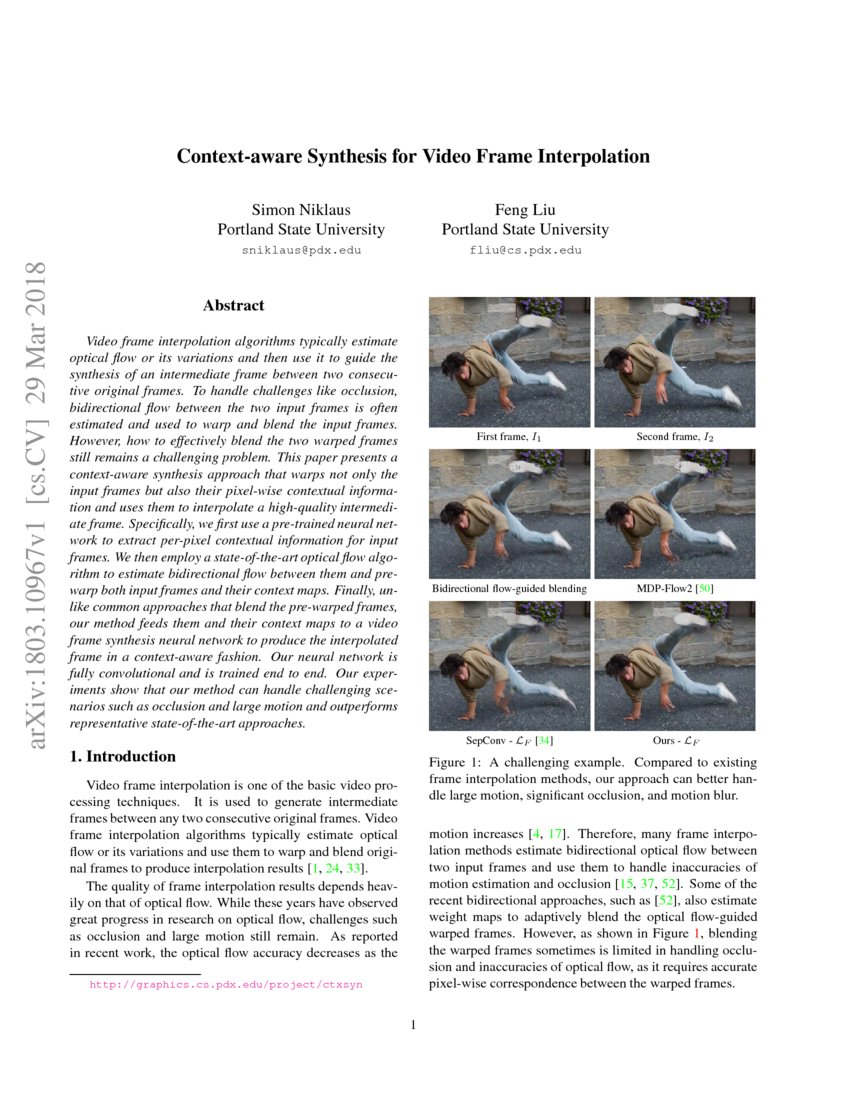 Context-aware Synthesis for Video Frame Interpolation | DeepAI