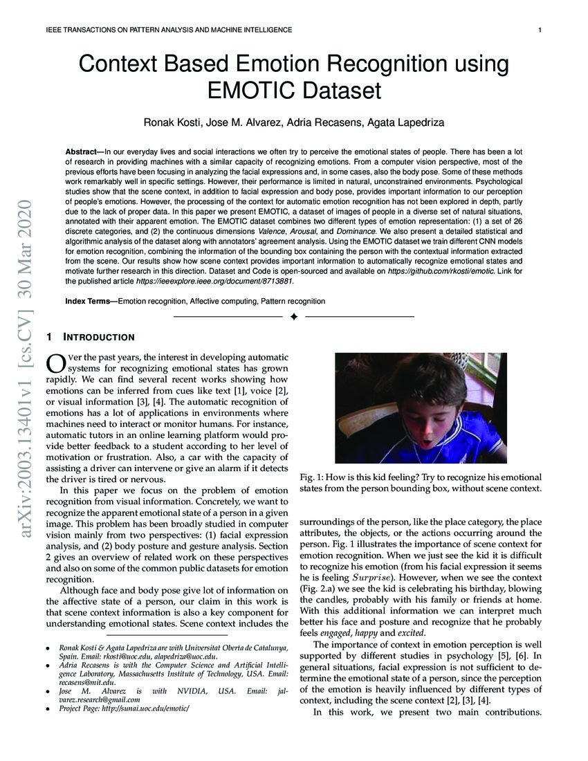 Context Based Emotion Recognition using EMOTIC Dataset | DeepAI