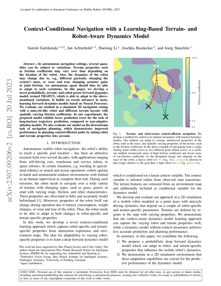 Context Conditional Navigation With A Learning Based Terrain And Robot Aware Dynamics Model