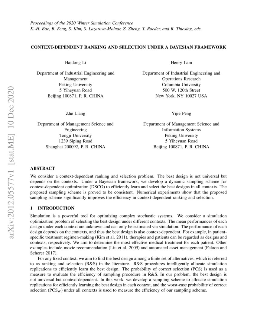 Context-dependent Ranking and Selection under a Bayesian Framework | DeepAI