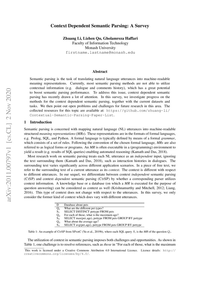 Context Dependent Semantic Parsing A Survey Deepai