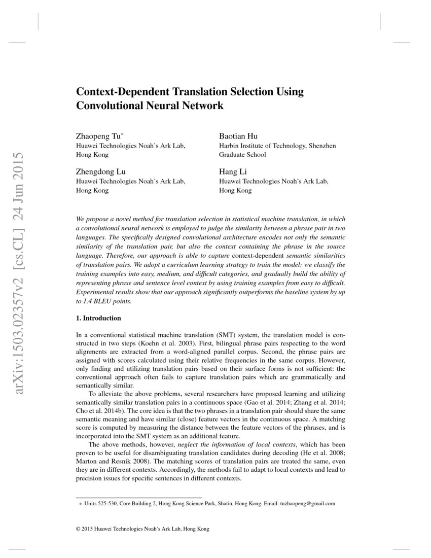 Context Dependent Translation Selection Using Convolutional Neural Network Deepai
