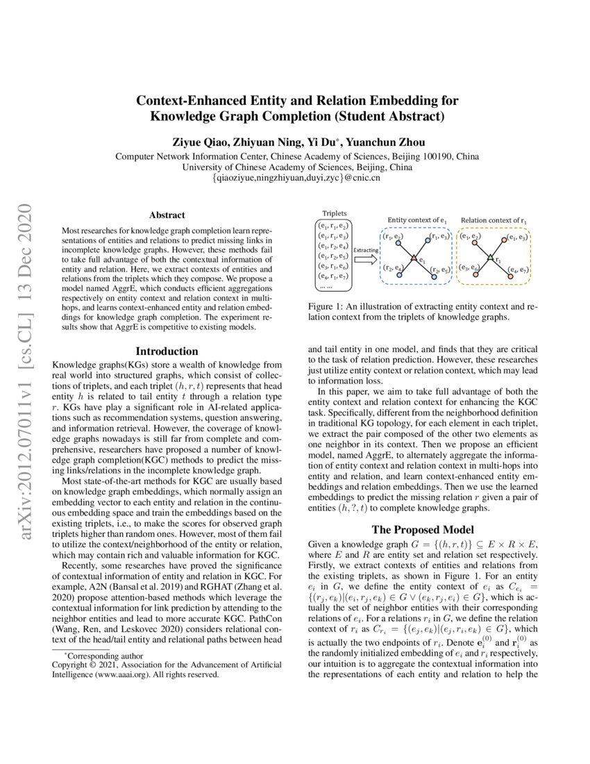 Context-Enhanced Entity and Relation Embedding for Knowledge Graph Completion | DeepAI