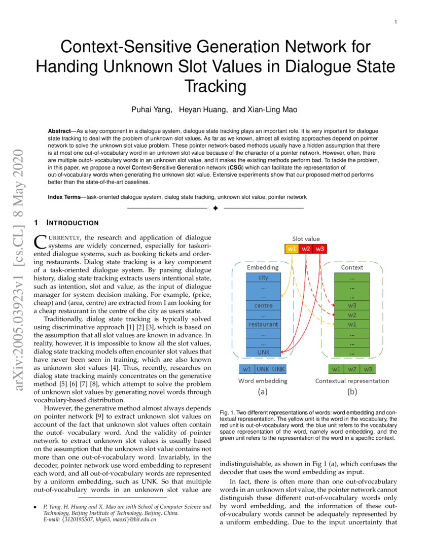Context-Sensitive Generation Network for Handing Unknown Slot Values in Dialogue State Tracking ...