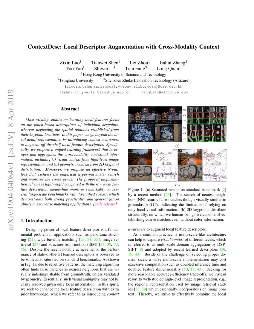 ContextDesc: Local Descriptor Augmentation with Cross-Modality Context | DeepAI