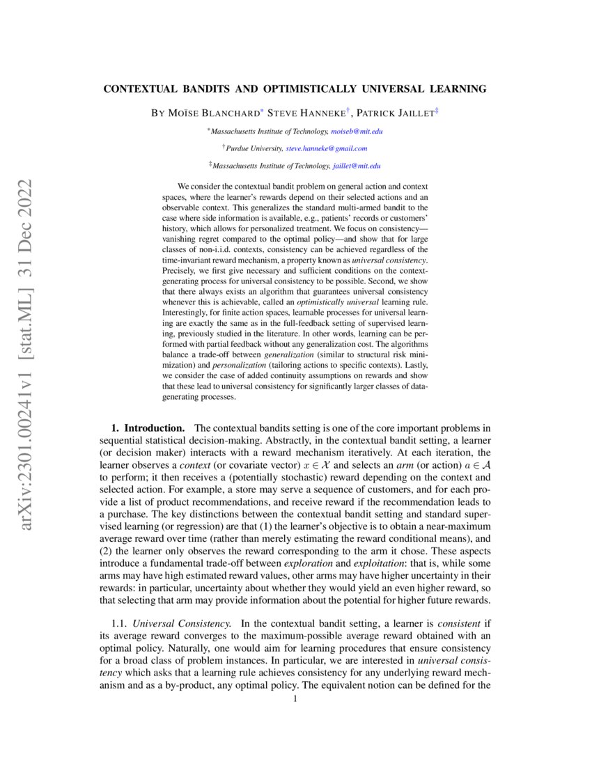 Contextual Bandits And Optimistically Universal Learning Deepai