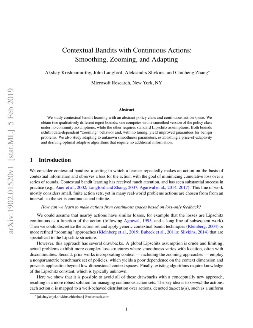 Contextual Bandits with Continuous Actions: Smoothing, Zooming, and ...