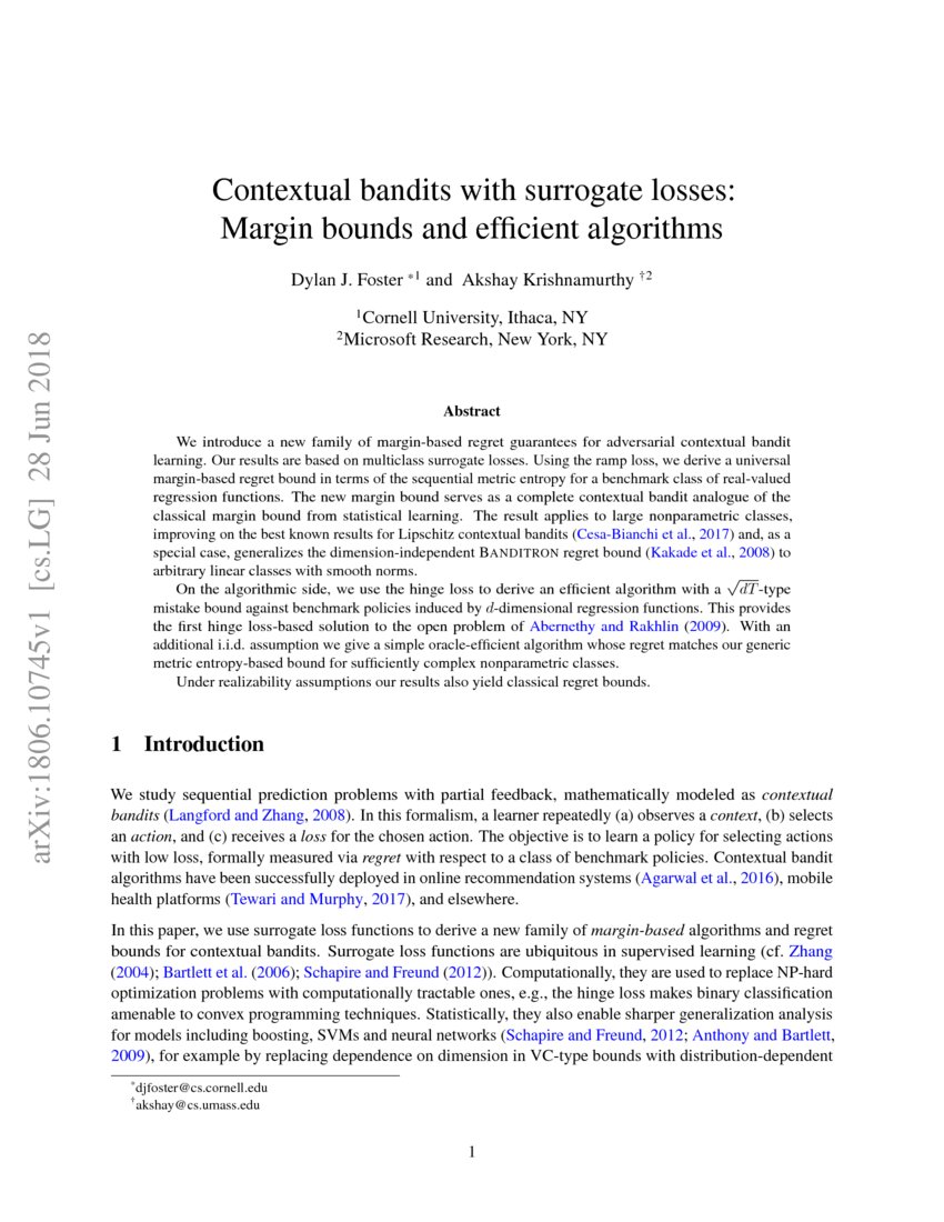 Contextual Bandits With Surrogate Losses Margin Bounds And Efficient Algorithms Deepai 