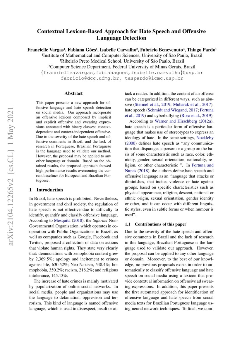 Contextual Lexicon Based Approach For Hate Speech And Offensive