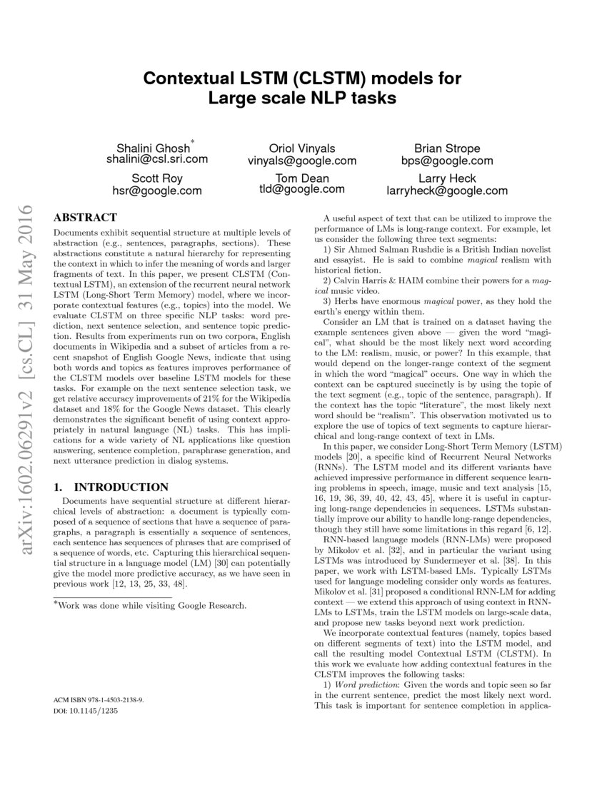 Contextual Lstm Clstm Models For Large Scale Nlp Tasks Deepai