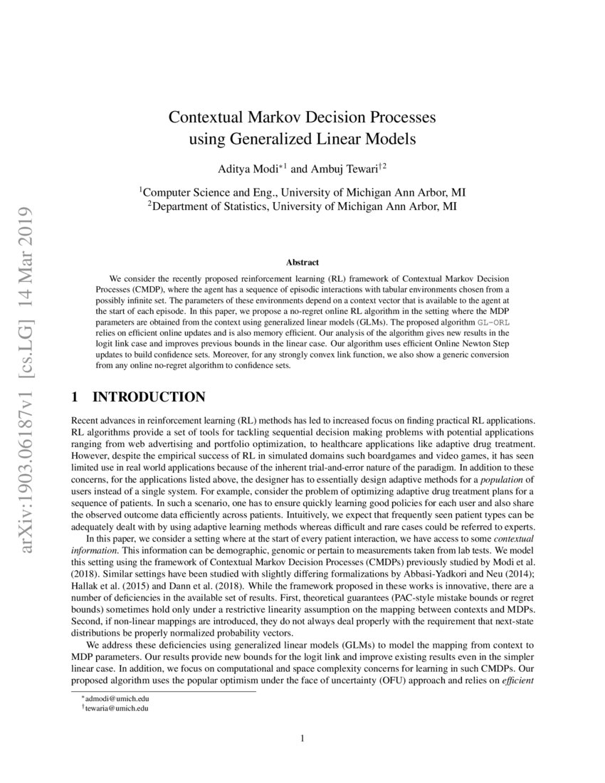 Contextual Markov Decision Processes using Generalized Linear Models | DeepAI