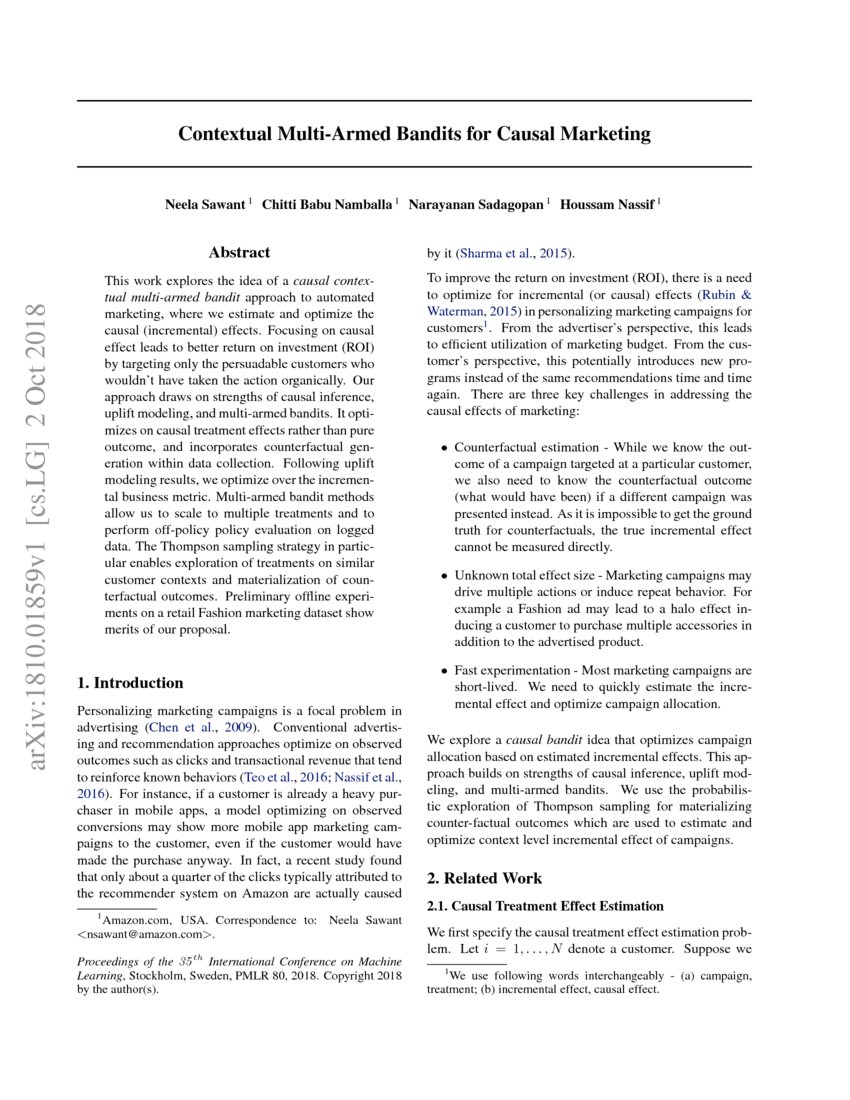 Contextual Multi-Armed Bandits for Causal Marketing | DeepAI