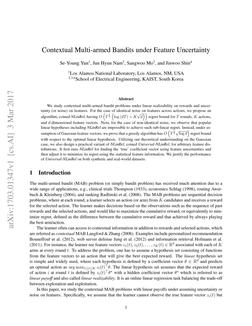 Contextual Multi-armed Bandits under Feature Uncertainty | DeepAI