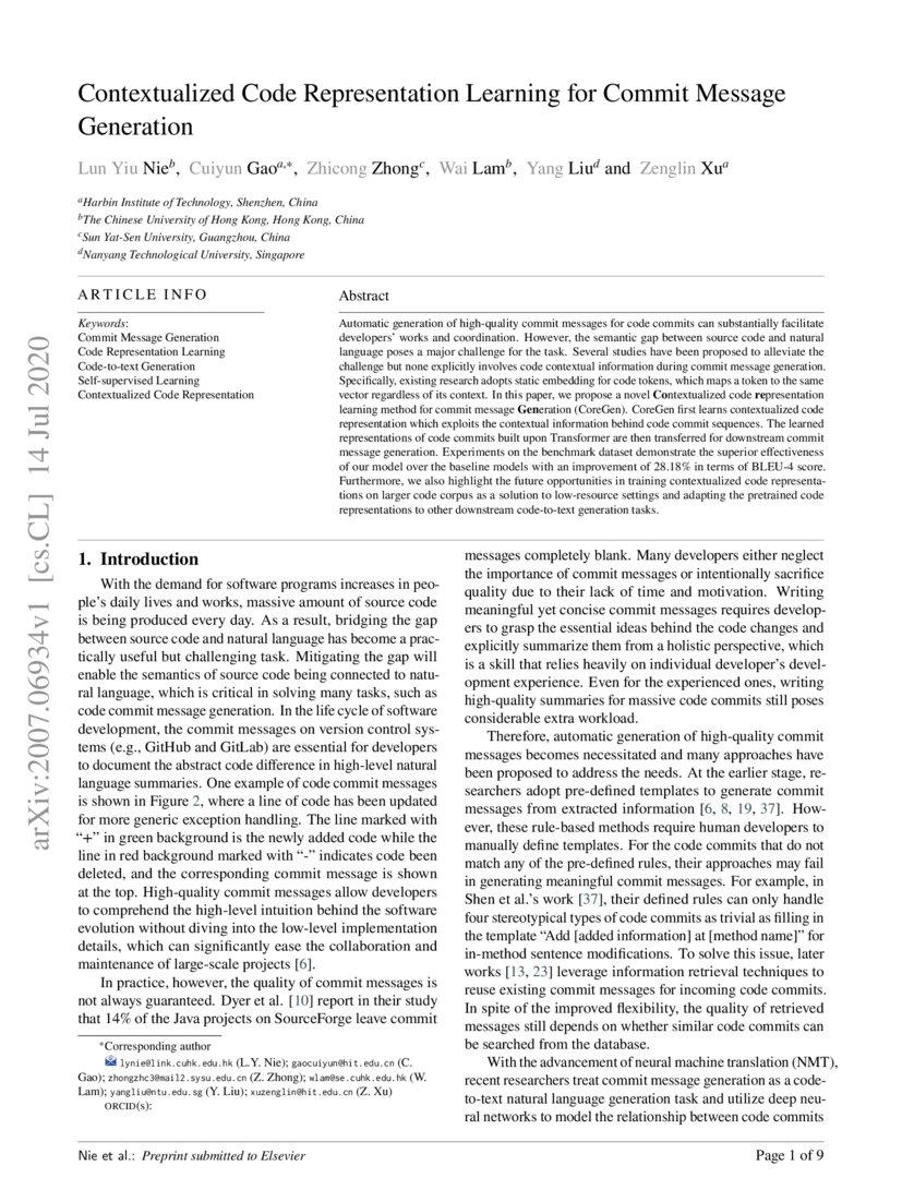 Contextualized Code Representation Learning For Commit Message Generation Deepai