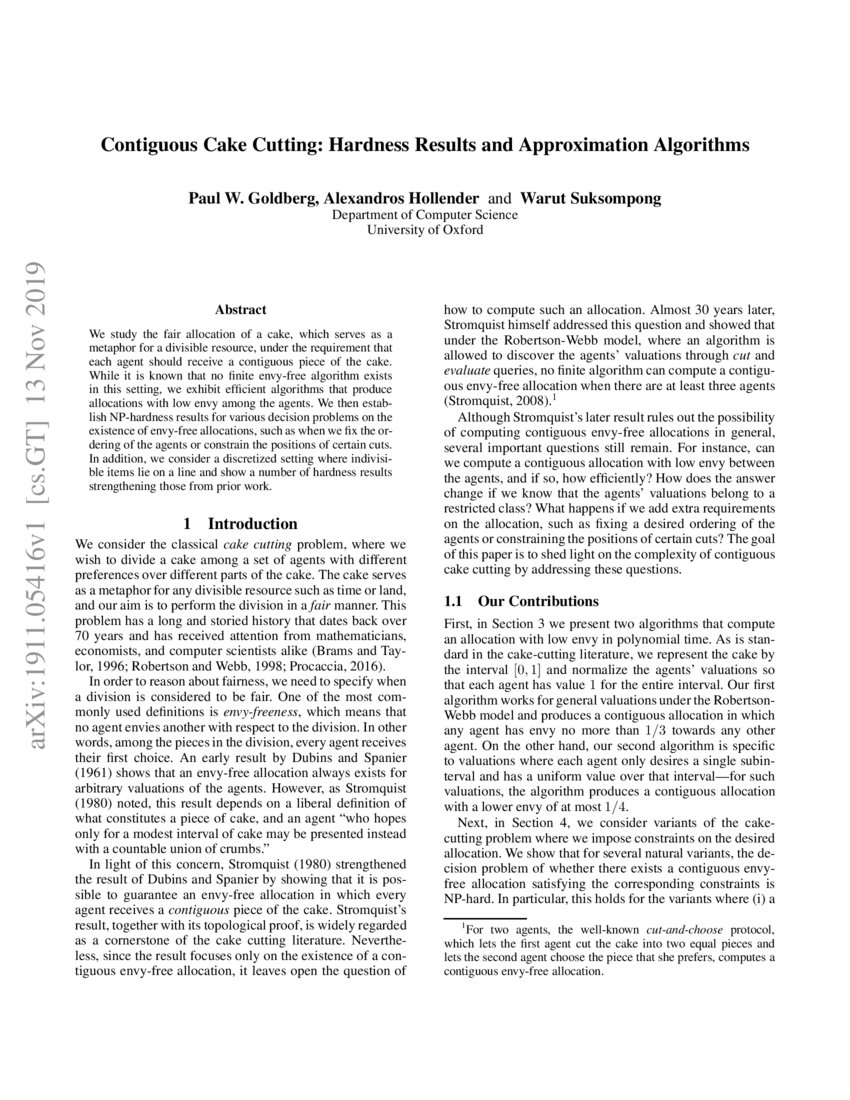 Contiguous Cake Cutting Hardness Results And Approximation Algorithms Deepai