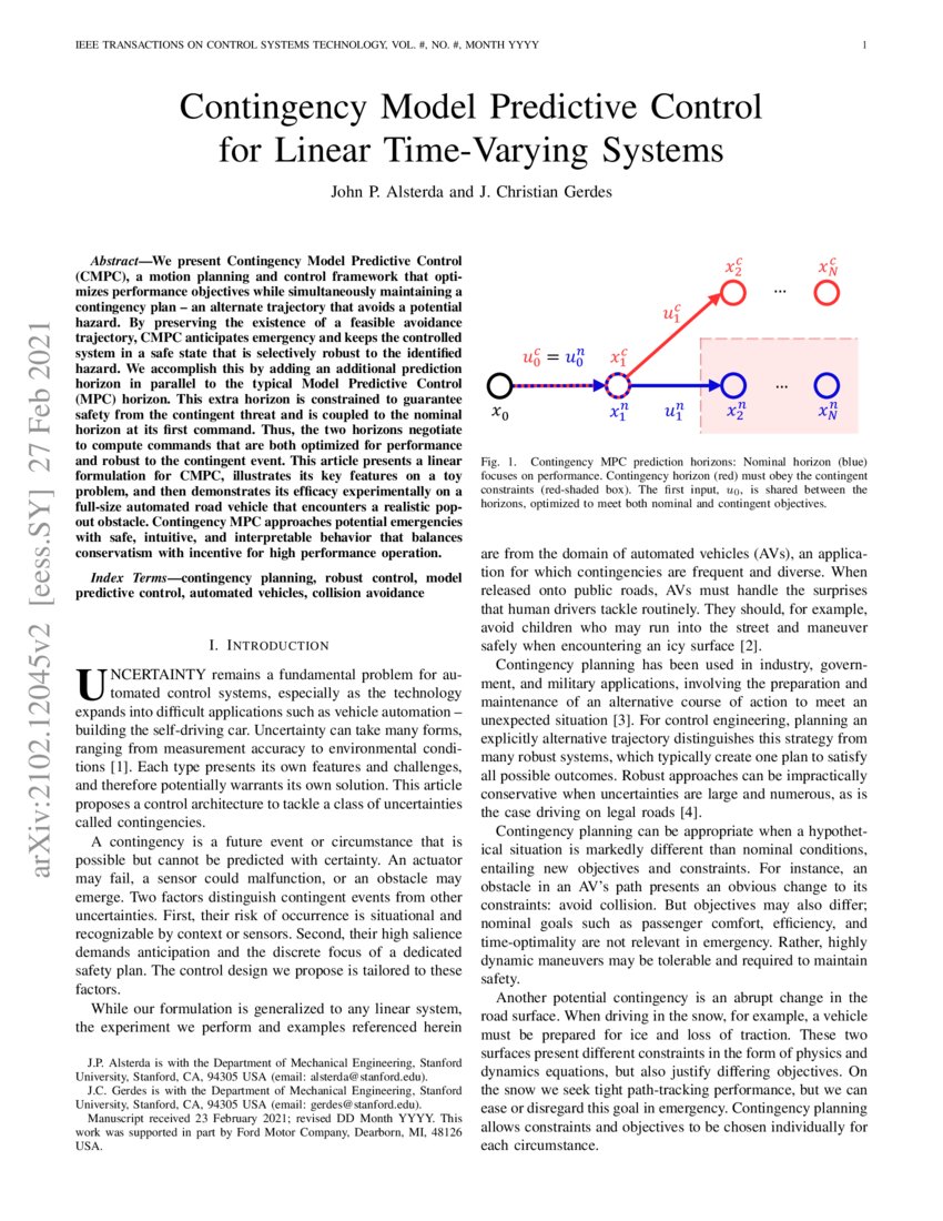 Contingency Model Predictive Control For Linear Time Varying Systems Deepai