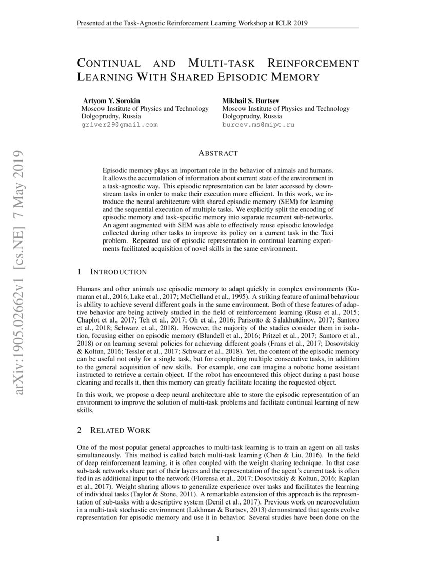 Continual and Multi-task Reinforcement Learning With Shared Episodic Memory | DeepAI