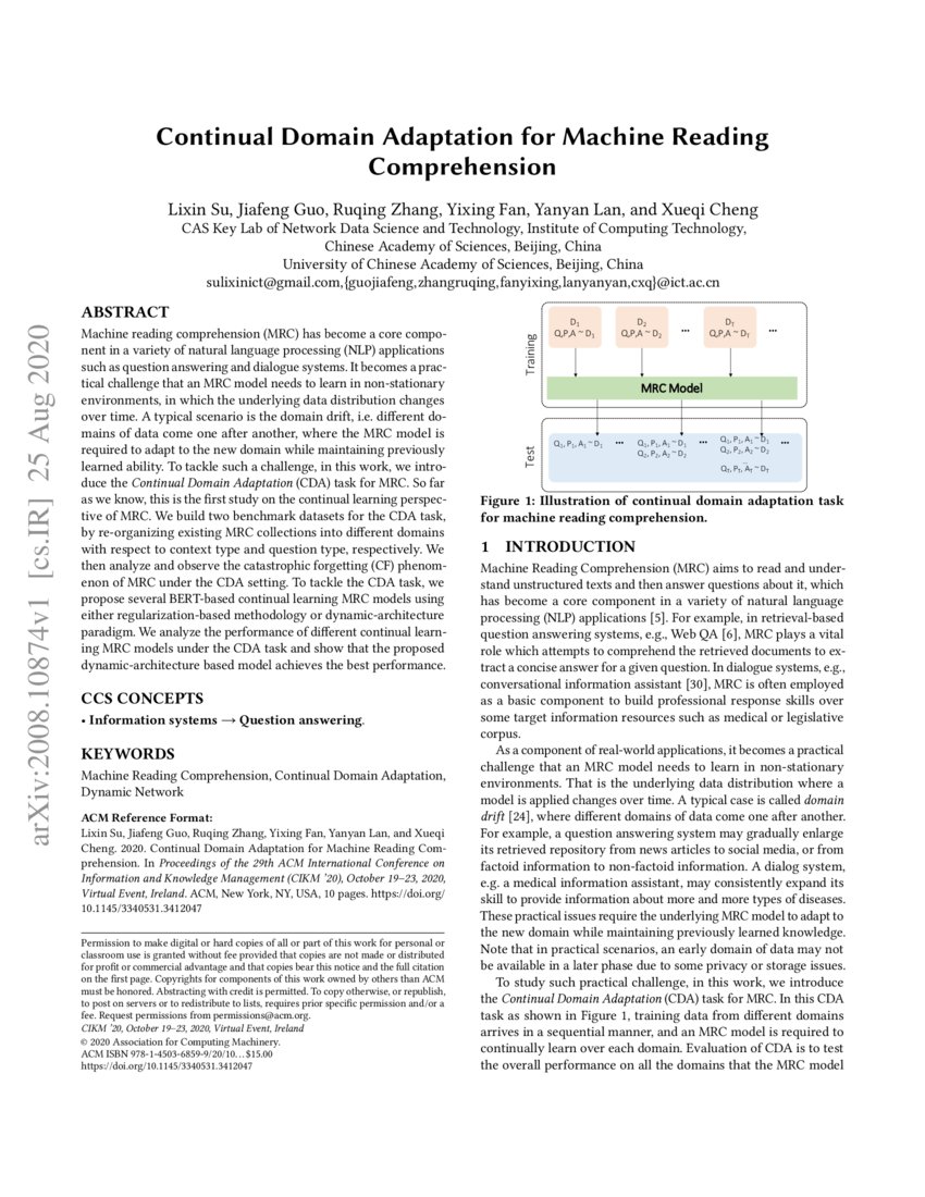 Continual Domain Adaptation for Machine Reading Comprehension | DeepAI