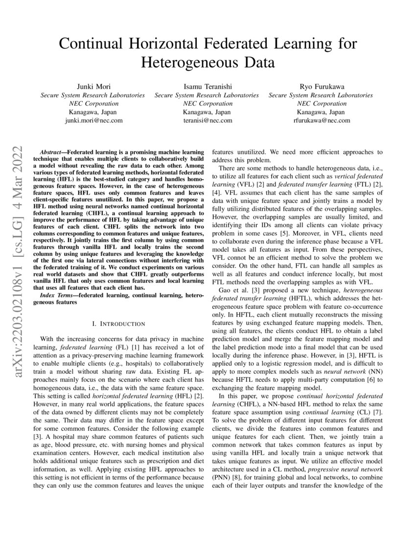 Continual Horizontal Federated Learning for Heterogeneous Data | DeepAI