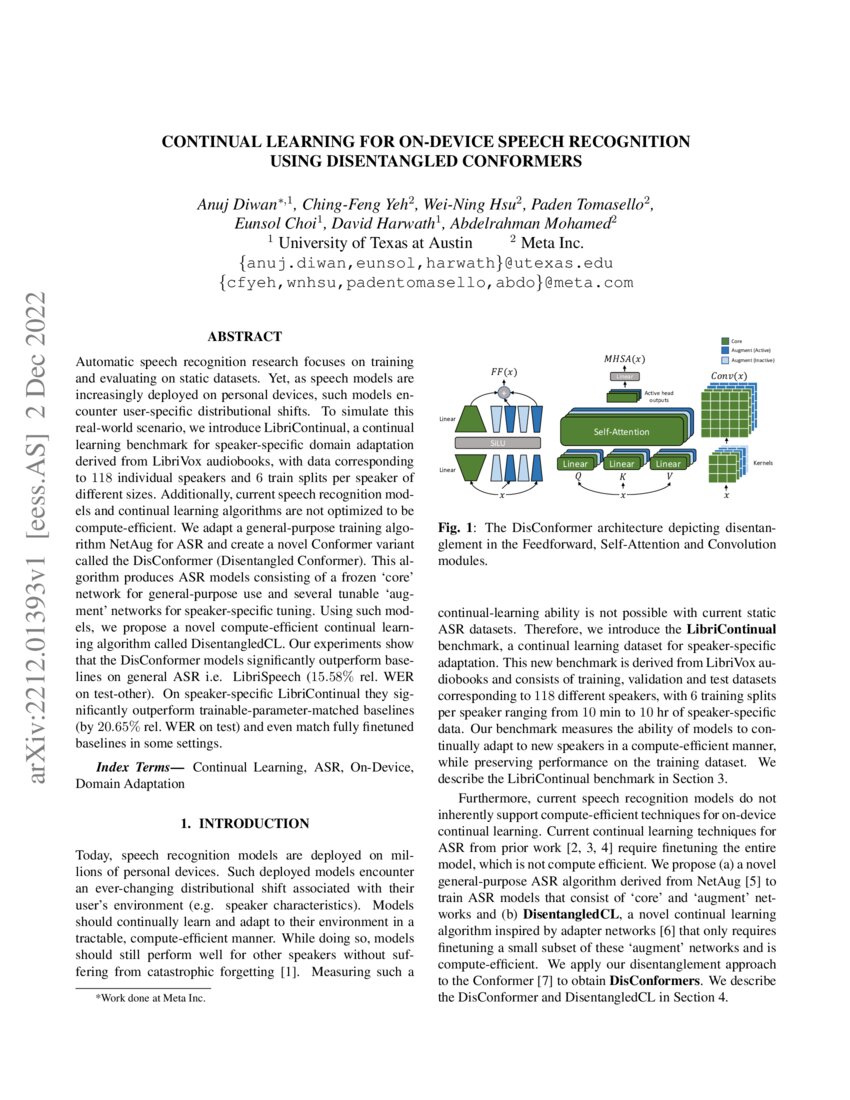 Continual Learning for On-Device Speech Recognition using Disentangled Conformers | DeepAI