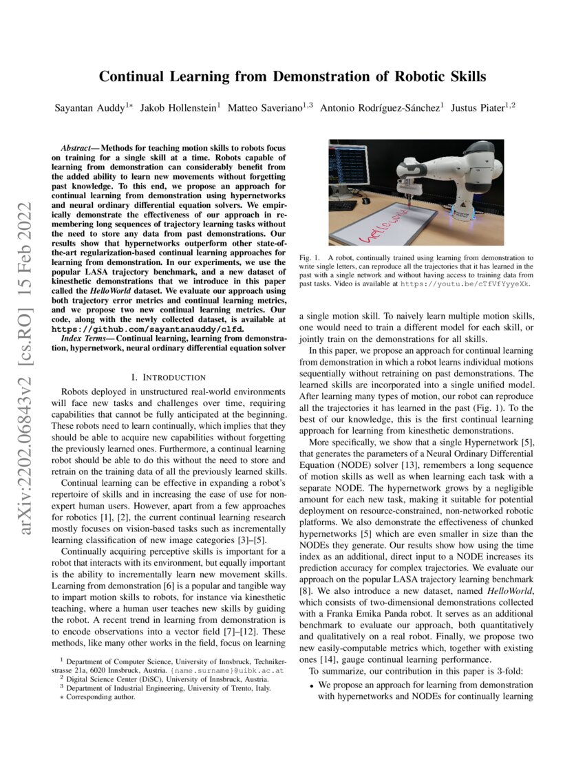 Continual Learning from Demonstration of Robotic Skills | DeepAI
