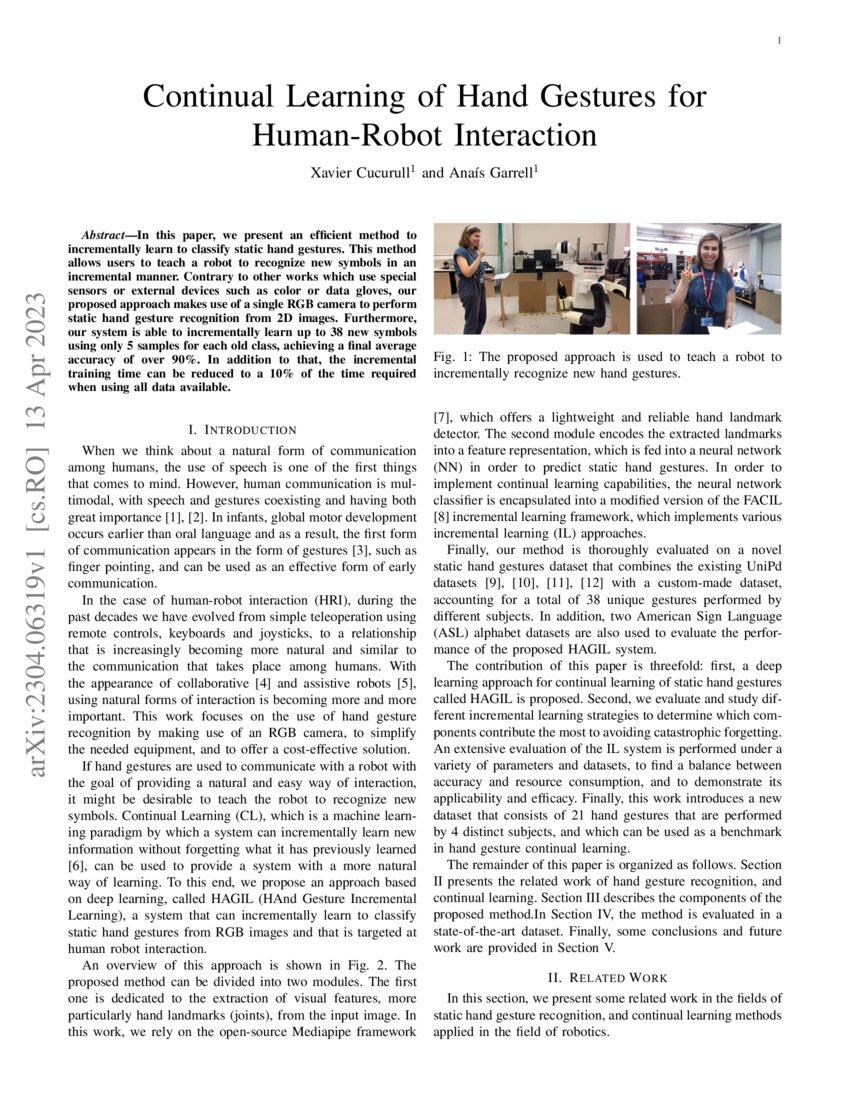 Continual Learning of Hand Gestures for Human-Robot Interaction | DeepAI