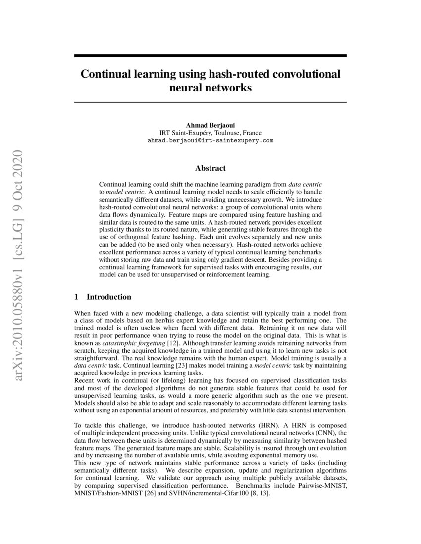Continual Learning Using Hash Routed Convolutional Neural Networks Deepai