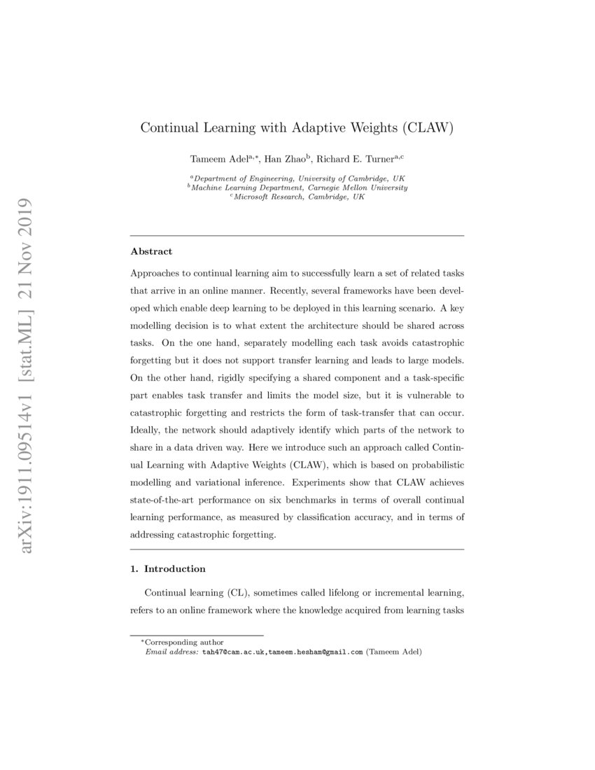 Continual Learning with Adaptive Weights (CLAW) | DeepAI