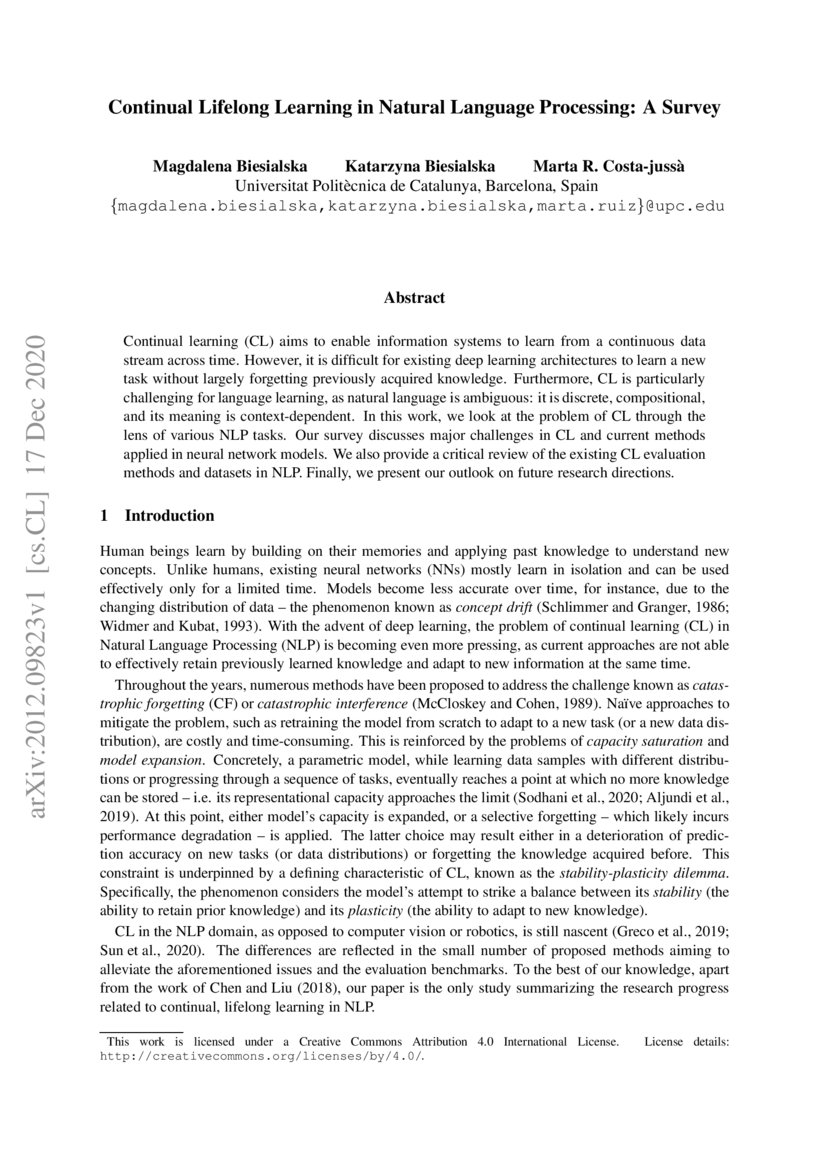 Continual Lifelong Learning in Natural Language Processing: A Survey ...