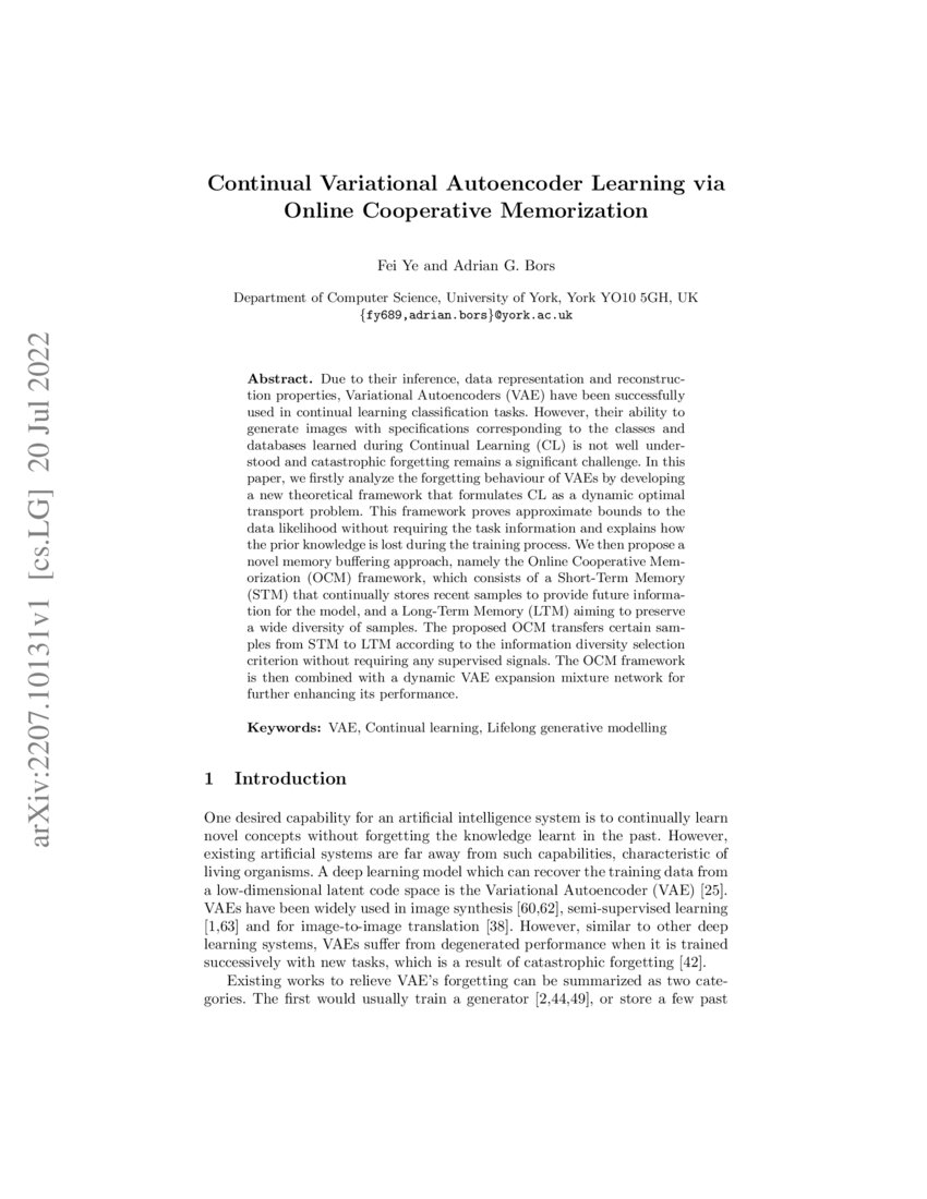 Continual Variational Autoencoder Learning Via Online Cooperative Memorization Deepai 