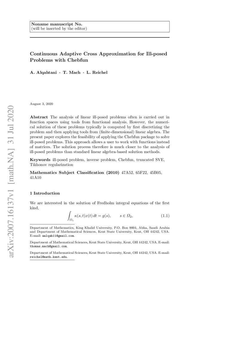 Continuous Adaptive Cross Approximation For Ill Posed Problems With