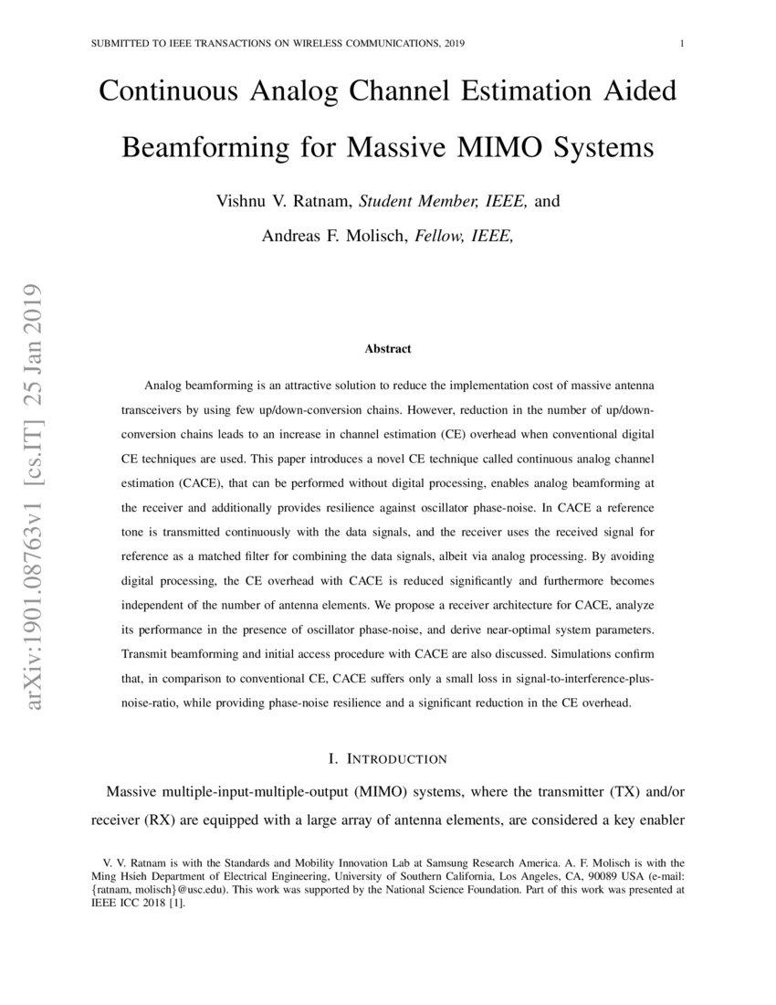 Continuous Analog Channel Estimation Aided Beamforming for Massive MIMO Systems | DeepAI